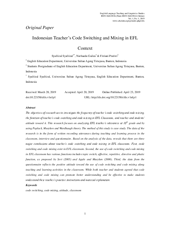 (PDF) Indonesian Teacher’s Code Switching and Mixing in EFL Context