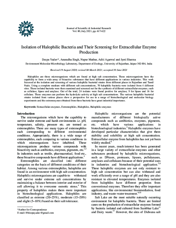 (PDF) Isolation of Halophilic Bacteria and Their Screening for Extracellular Enzyme Production