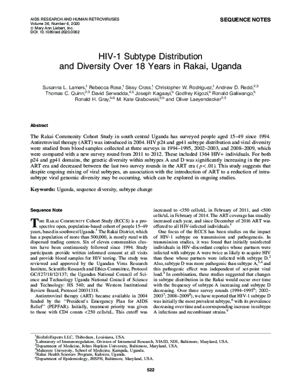 (PDF) HIV-1 Subtype Distribution and Diversity Over 18 Years in Rakai ...