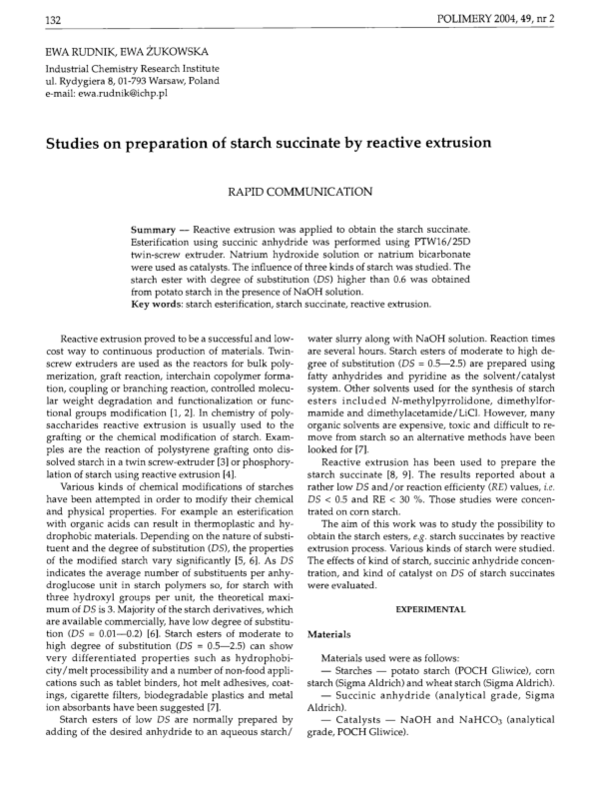 (PDF) Studies on preparation of starch succinate by reactive extrusion