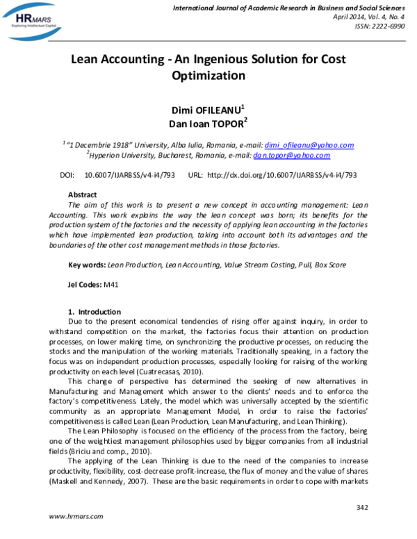 (PDF) Lean Accounting - An Ingenious Solution for Cost Optimization