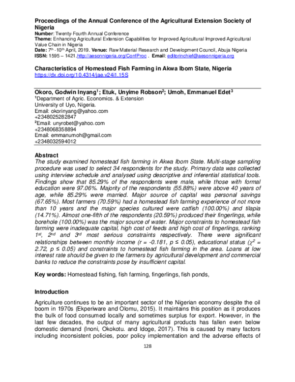 (PDF) Characteristics of Homestead Fish Farming in Akwa Ibom State, Nigeria