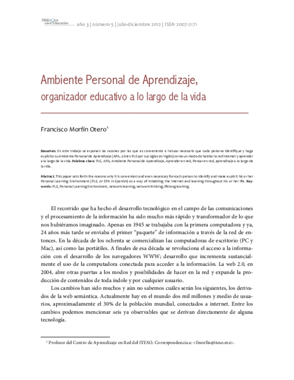 (PDF) Ambiente Personal de Aprendizaje, organizador educativo a lo largo de la vida