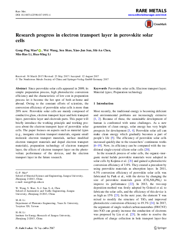 (PDF) Research progress in electron transport layer in perovskite solar cells
