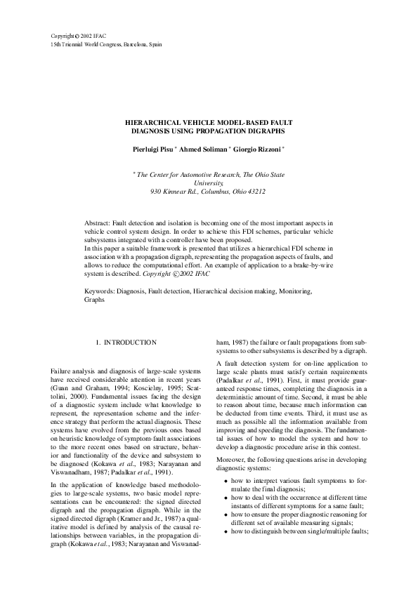 (PDF) Hierarchical Vehicle Model-Based Fault Diagnosis Using Propagation Digraphs