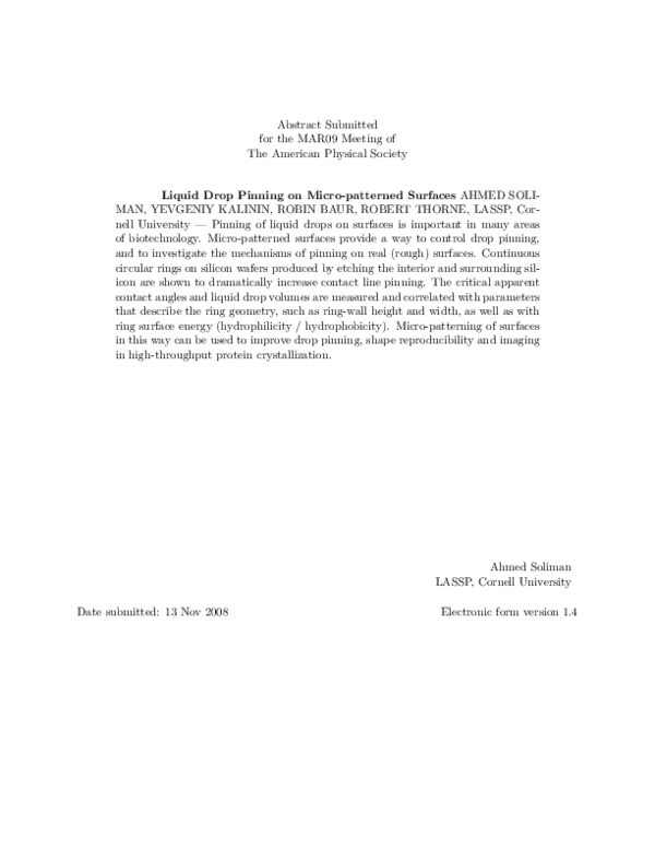 (PDF) Liquid Drop Pinning on Micro-patterned Surfaces