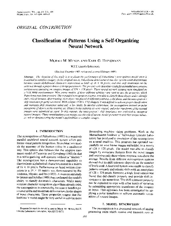 Pdf Classification Of Patterns Using A Self Organizing Neural Network