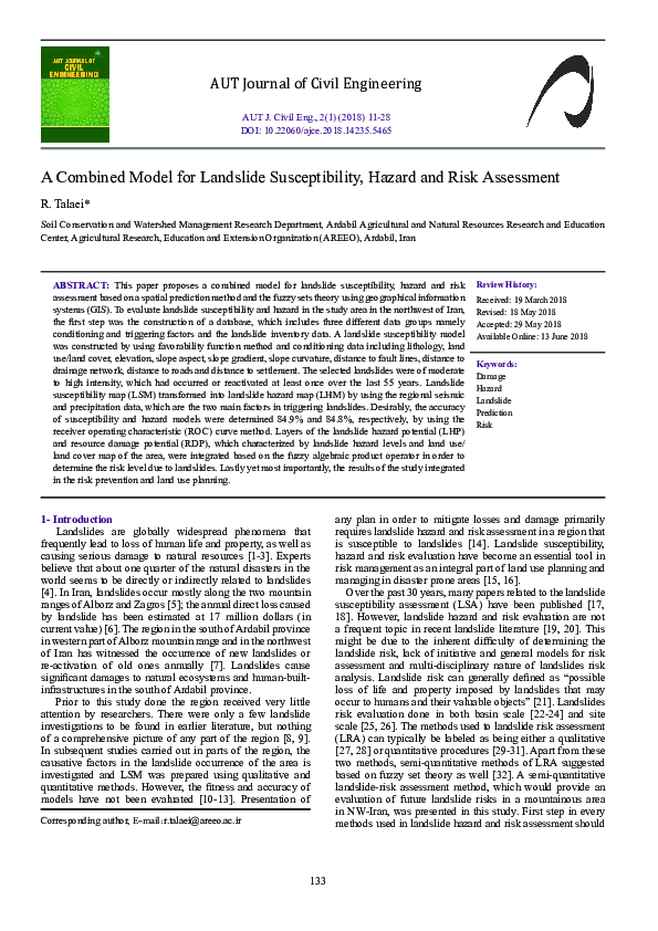 (PDF) Risk model for landslide hazard assessment