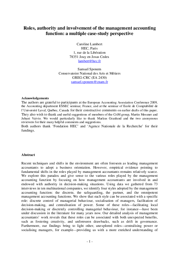 (PDF) Roles, Authority and Involvement of the Management Accounting ...