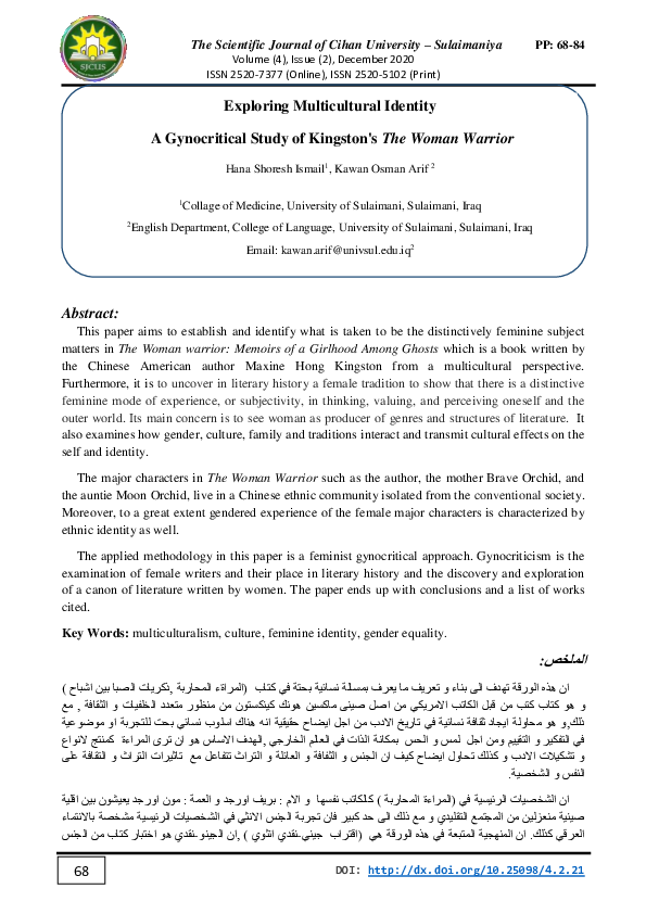 (PDF) Exploring Multicultural Identity A Gynocritical Study of Kingston ...