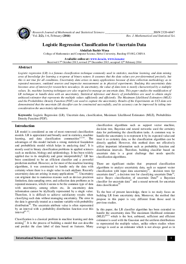 (PDF) Logistic Regression Classification for Uncertain Data