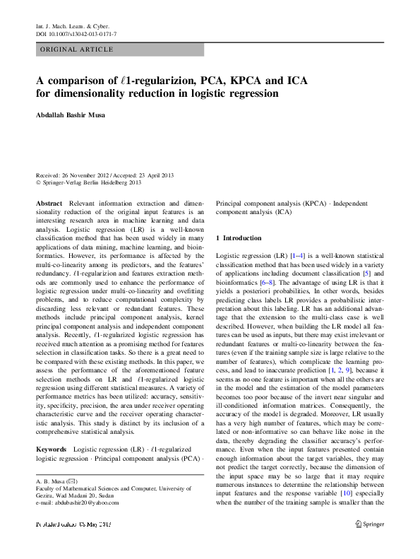 (PDF) A comparison of ℓ1-regularizion, PCA, KPCA and ICA for dimensionality reduction in ...
