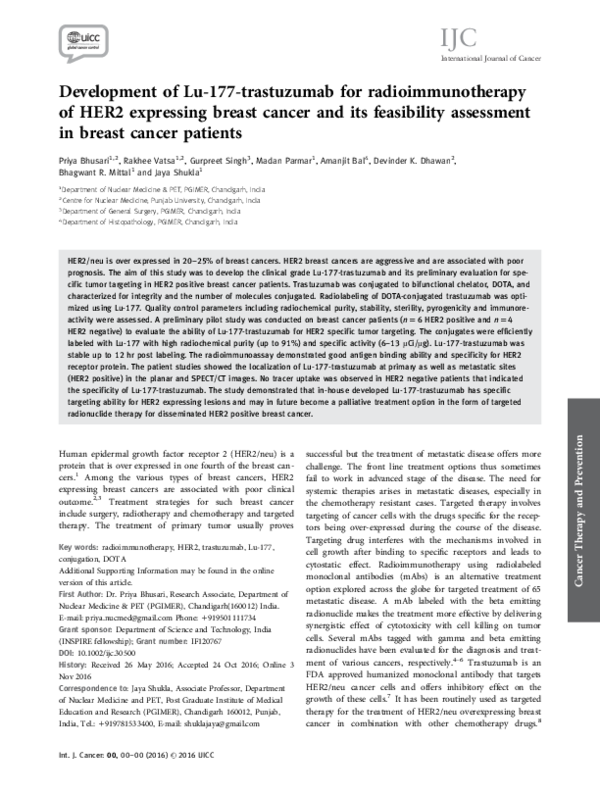 (PDF) Development of Lu-177-trastuzumab for radioimmunotherapy of HER2 ...