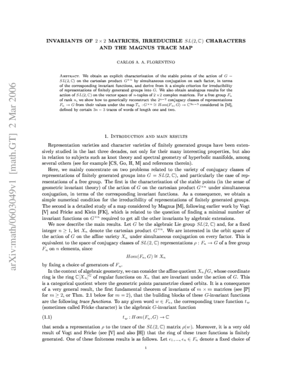 (PDF) Invariants of 2 × 2 matrices, irreducible $${\hbox{SL}(2, \mathbb ...