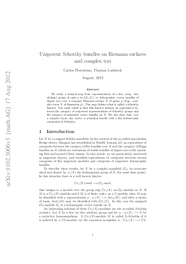 (PDF) Unipotent Schottky bundles on Riemann surfaces and complex tori