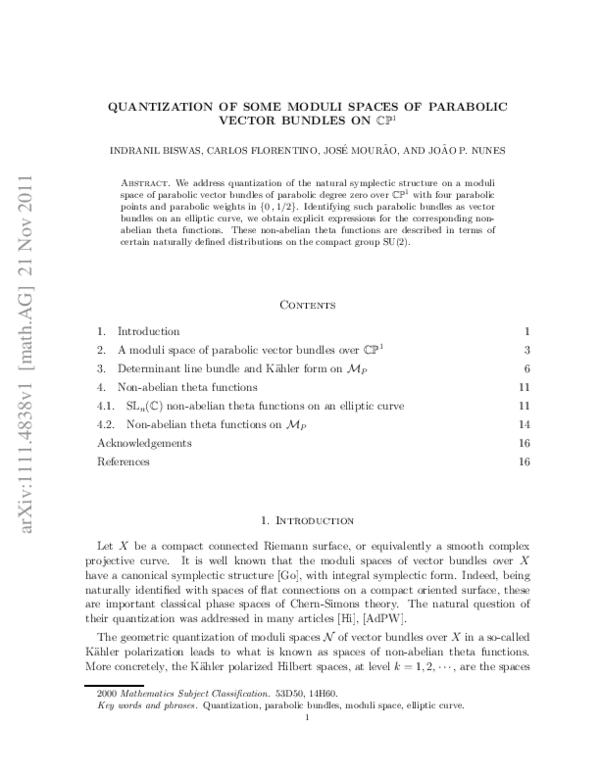 Pdf Quantization Of Some Moduli Spaces Of Parabolic Vector Bundles On