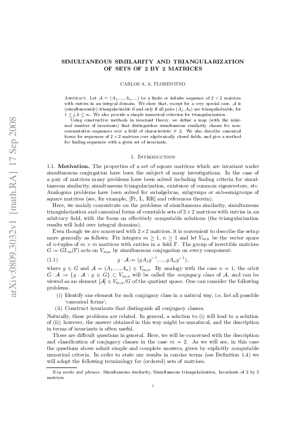 (PDF) Simultaneous similarity and triangularization of sets of 2 by 2 matrices