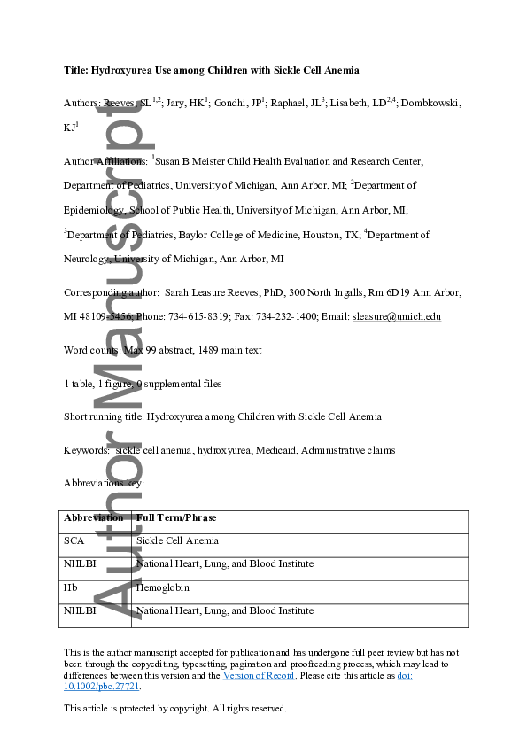 (PDF) Hydroxyurea use among children with sickle cell anemia