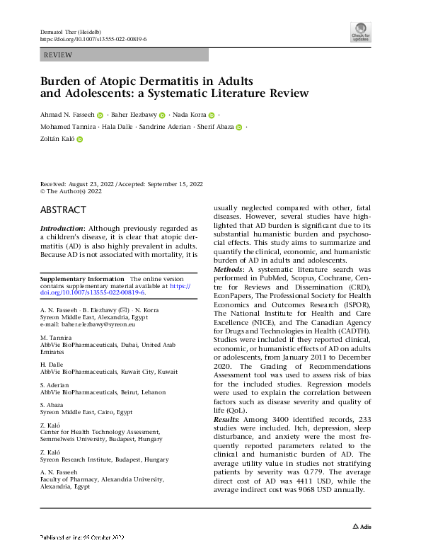 (PDF) Burden of Atopic Dermatitis in Adults and Adolescents: a ...
