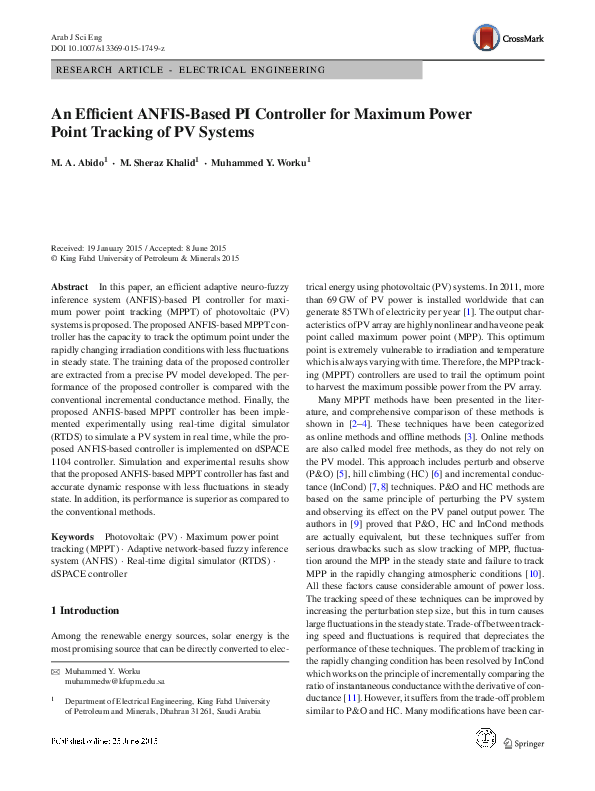 Pdf An Efficient Anfis Based Pi Controller For Maximum Power Point Tracking Of Pv Systems
