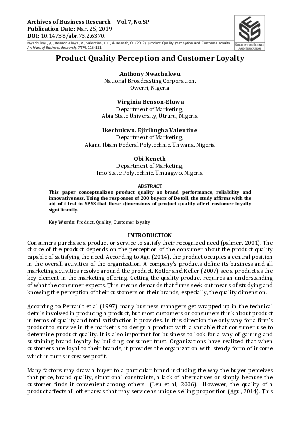 (PDF) Product Quality Perception and Customer Loyalty