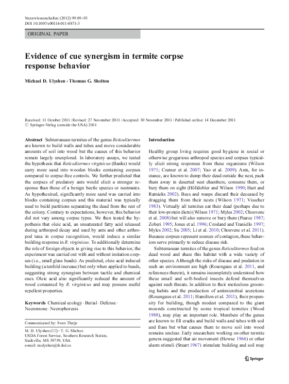 (PDF) Evidence of cue synergism in termite corpse response behavior