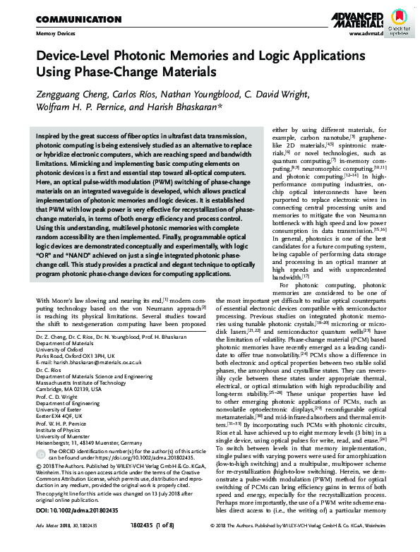 (PDF) Device-Level Photonic Memories and Logic Applications Using Phase-Change Materials