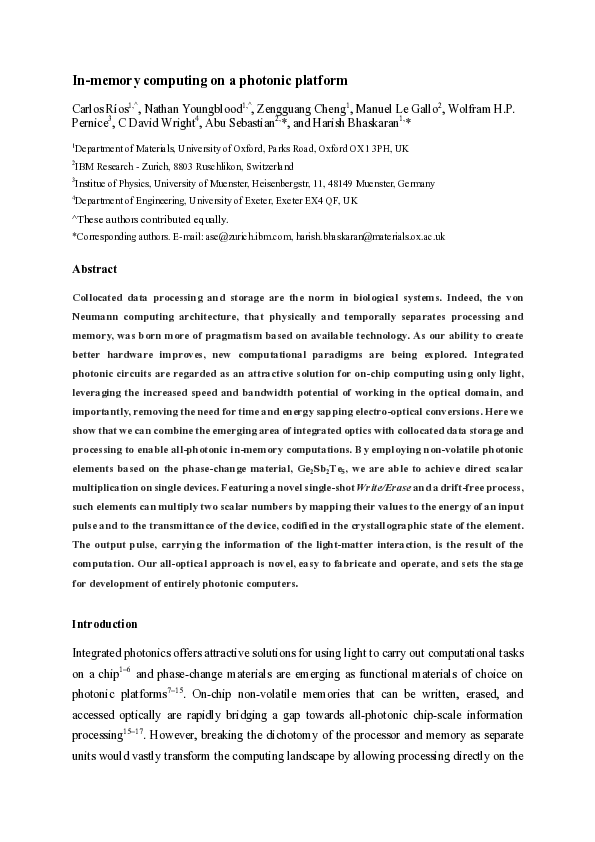 (PDF) In-memory computing on a photonic platform | Carlos Ríos - Academia.edu