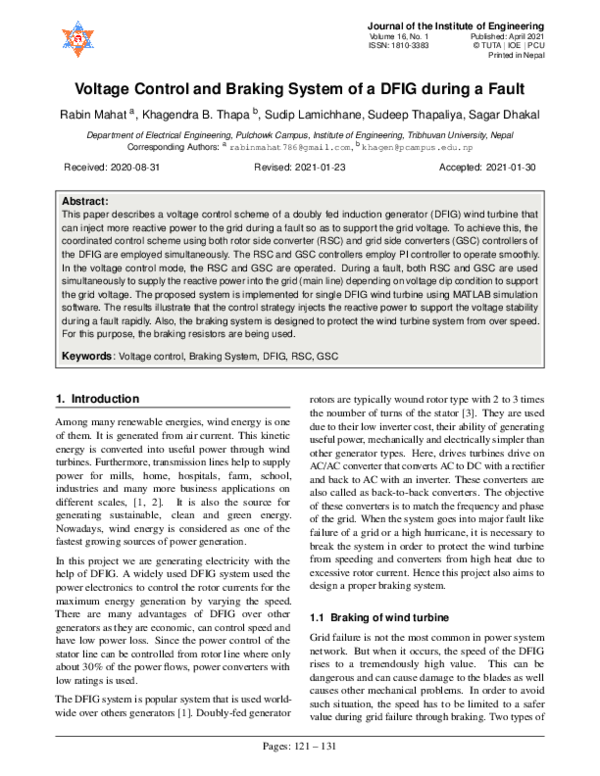 (PDF) Voltage Control and Braking System of a DFIG during a Fault