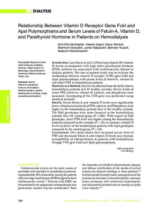 (PDF) Relationship between vitamin D receptor gene FokI and ApaI polymorphisms and serum levels ...