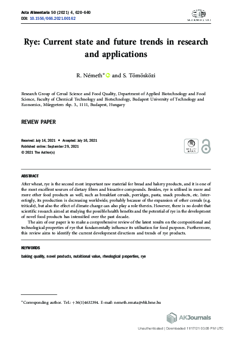 (PDF) Rye: Current state and future trends in research and applications