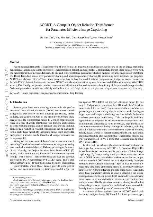 (PDF) ACORT: A compact object relation transformer for parameter efficient image captioning