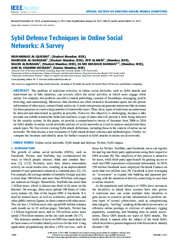 (PDF) Sybil Defense Techniques in Online Social Networks: A Survey