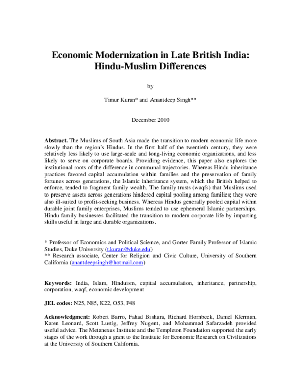 (PDF) Economic Modernization in Late British India: Hindu-Muslim ...