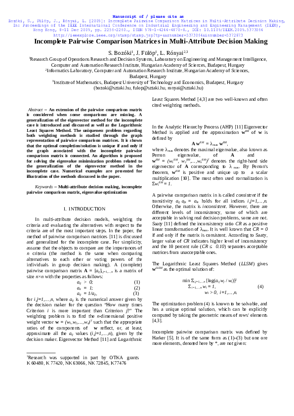 (PDF) Incomplete pairwise comparison matrices in multi-attribute decision making | Artúr Gombócz ...
