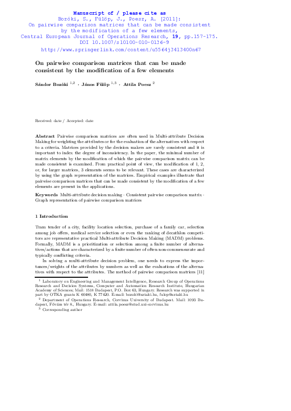 Pdf On Pairwise Comparison Matrices That Can Be Made Consistent By