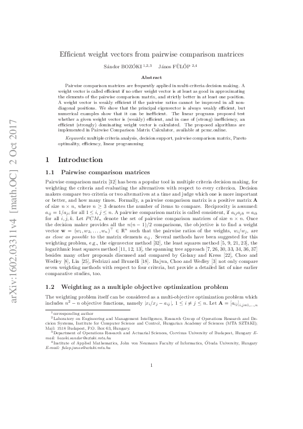 Pdf Efficient Weight Vectors From Pairwise Comparison Matrices