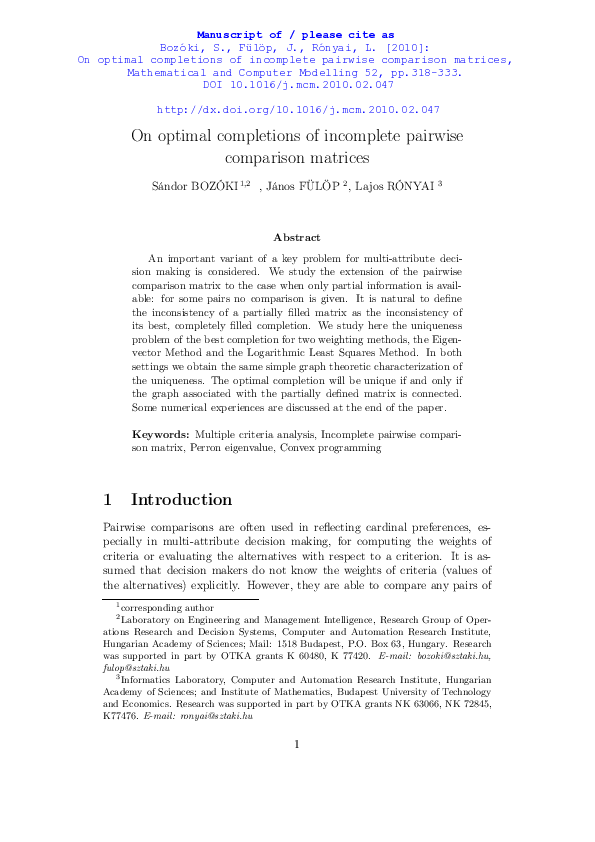 (PDF) On optimal completion of incomplete pairwise comparison matrices