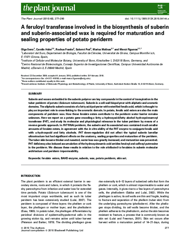 (PDF) A feruloyl transferase involved in the biosynthesis of suberin ...