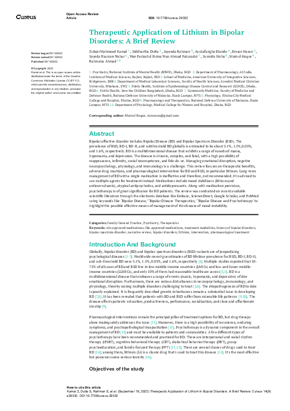 (PDF) Lithium Therapy for Bipolar Disorder: A Review