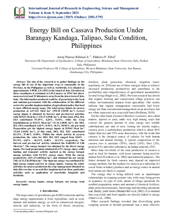 (PDF) Energy Bill on Cassava Production Under Barangay Kandaga, Talipao ...