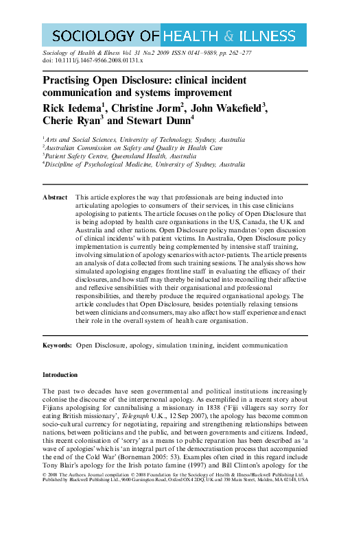(PDF) Open Disclosure in Healthcare: Apologies and Training