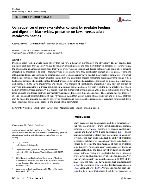 (PDF) Consequences of prey exoskeleton content for predator feeding and ...