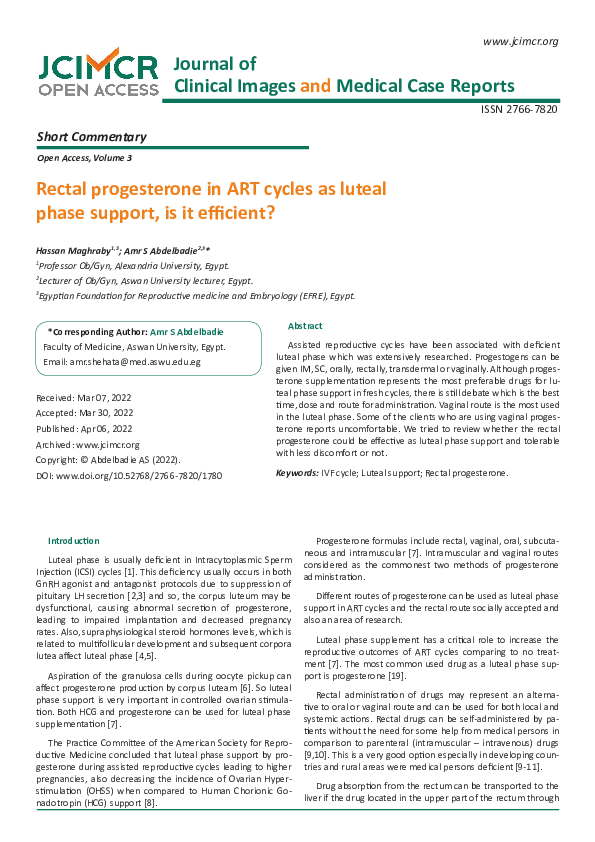 (PDF) Rectal progesterone in ART cycles as luteal phase support, is it ...