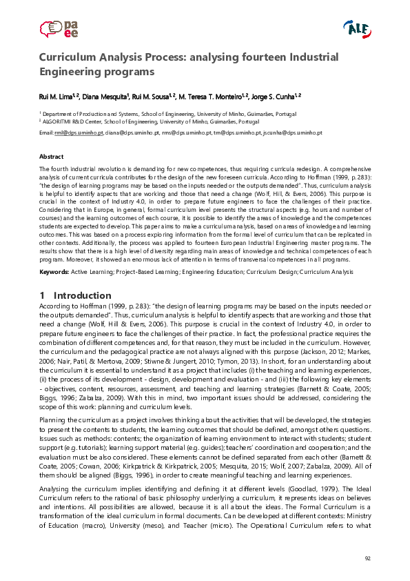 (PDF) Curriculum analysis process: Analysing fourteen industrial engineering programs