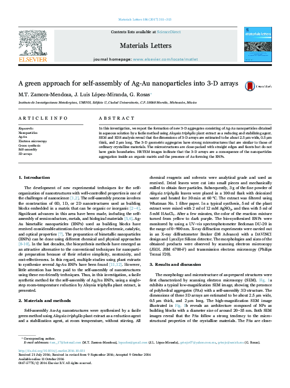 (PDF) A green approach for self-assembly of Ag-Au nanoparticles into 3 ...