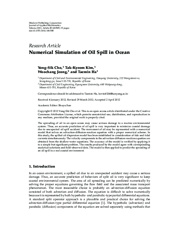 (PDF) Numerical Simulation of Oil Spill in Ocean