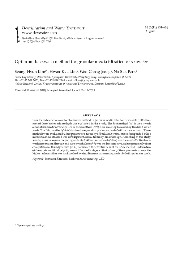 (PDF) Optimum backwash method for granular media filtration of seawater