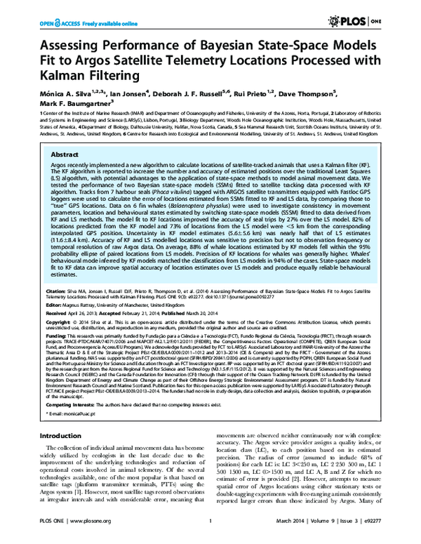 Pdf Assessing Performance Of Bayesian State Space Models Fit To Argos