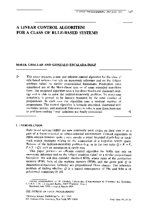 (PDF) A linear control algorithm for a class of rule-based systems